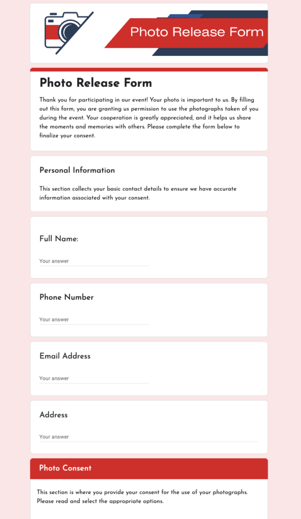 Free Photo Release Form Template in Google Forms