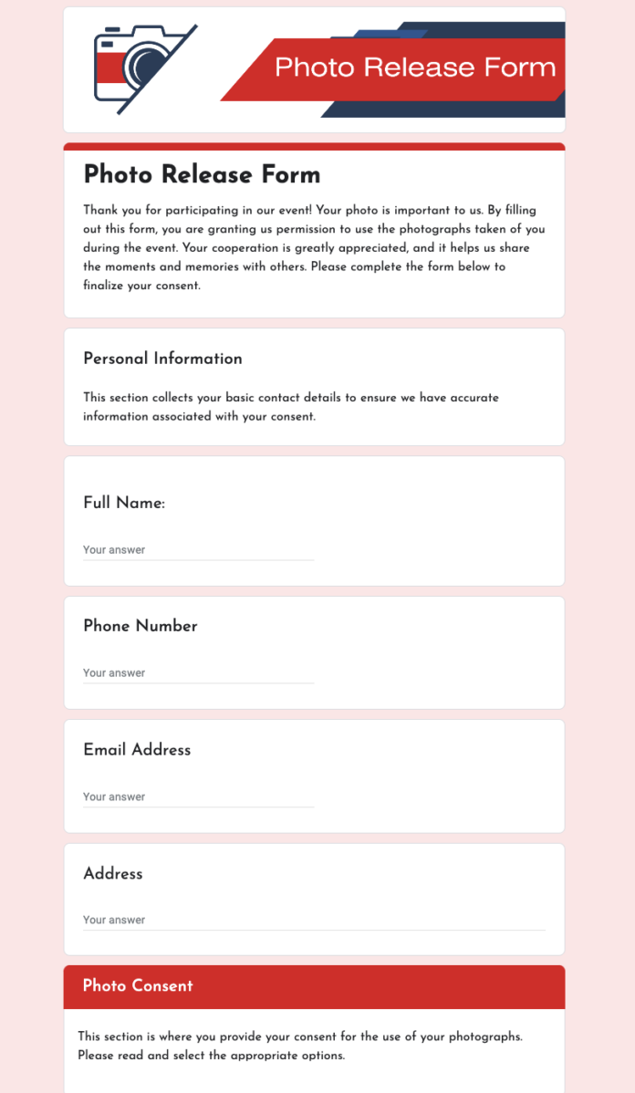 Free Photo Release Form Template in Google Forms