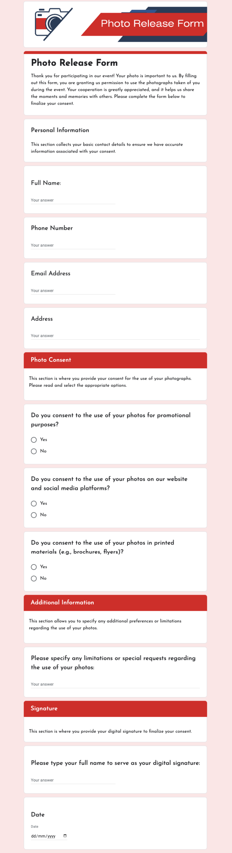 Free Photo Release Form Template in Google Forms