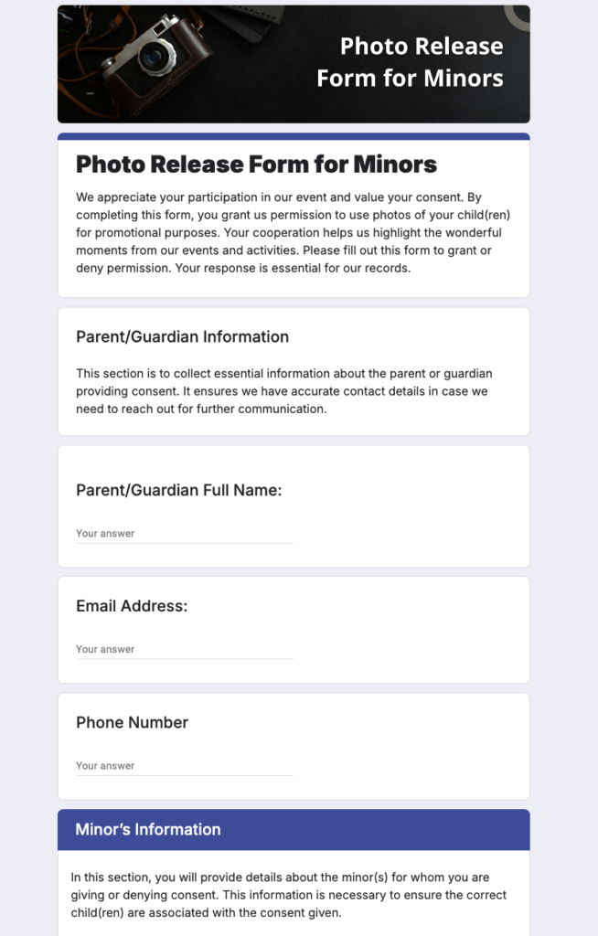 Free Photo Release Form for Minors Template in Google Forms