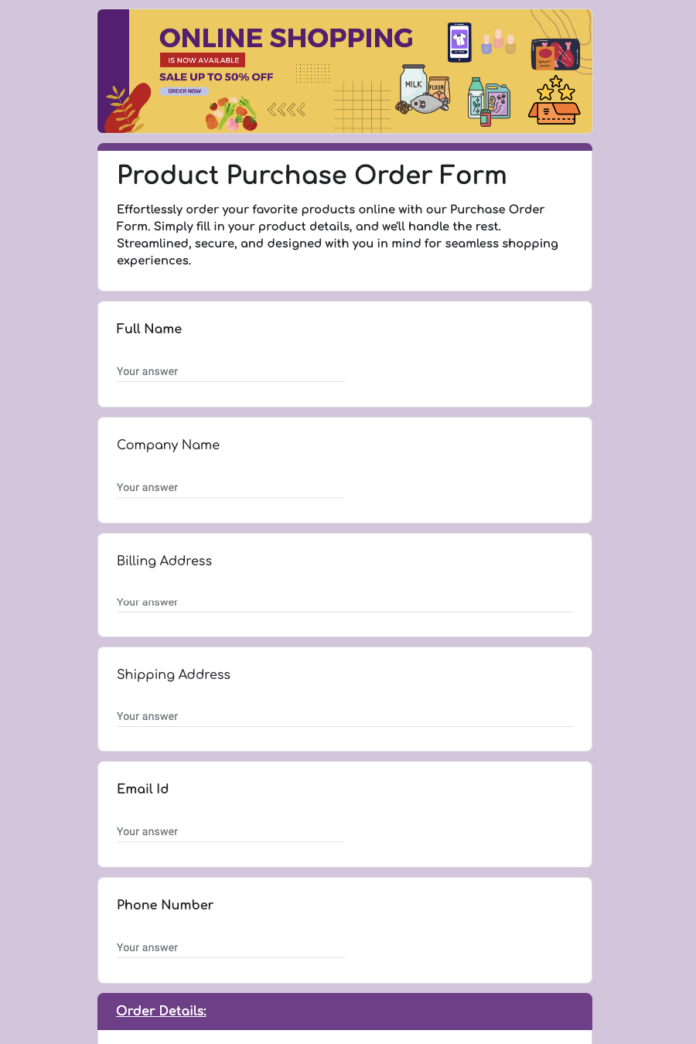Free Product Purchase Order Form Template in Google Forms