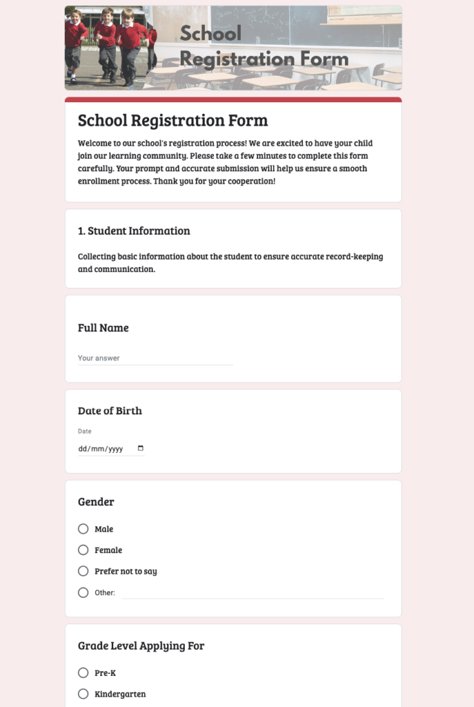 Free School Registration Form Template in Google Forms