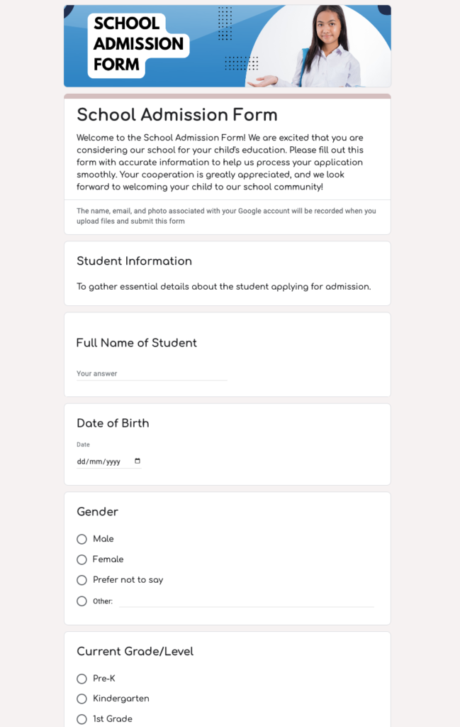 Free School Admission Form Template in Google Forms