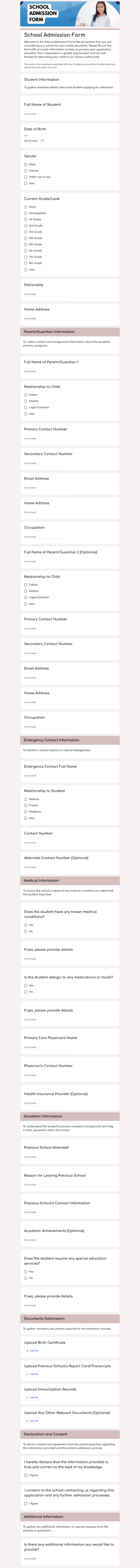 Free School Admission Form Template in Google Forms