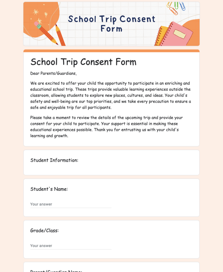 Free School Trip Consent Form Template in Google Forms