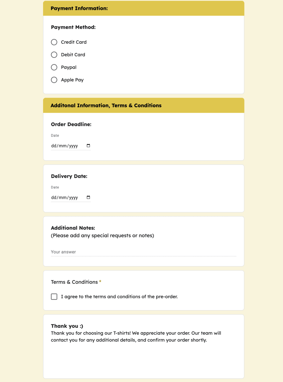 Free School Uniform T Shirt Order Form Template in Google Forms