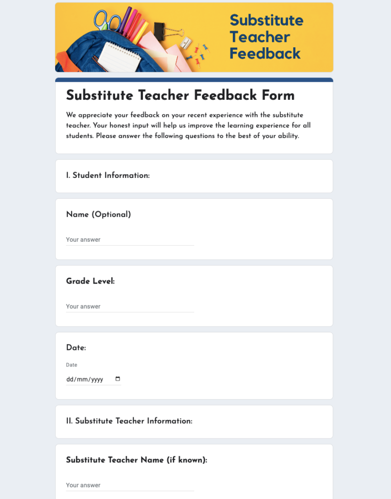 Free Relief / Substitute Teacher Feedback Form Template in Google Forms