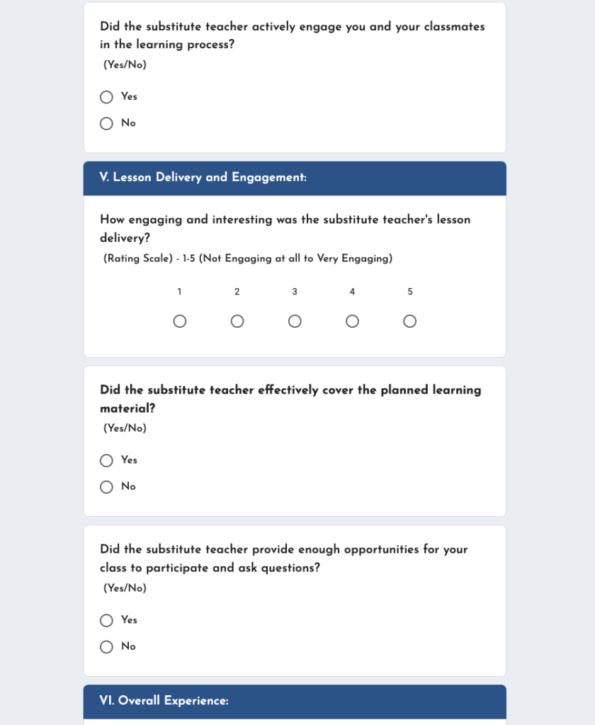 Free Relief / Substitute Teacher Feedback Form Template in Google Forms