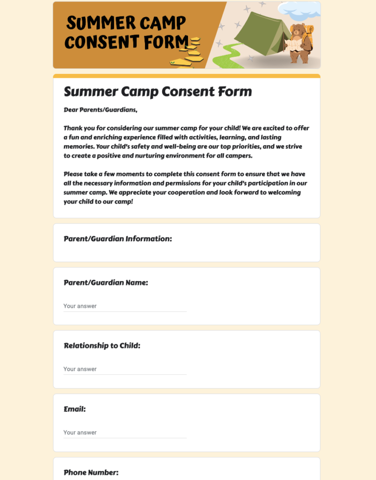 Free Summer Camp Consent Form Template in Google Forms