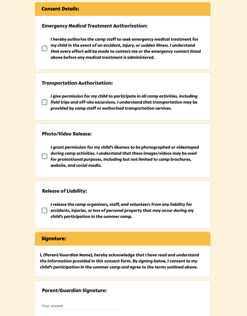 Free Summer Camp Consent Form Template in Google Forms