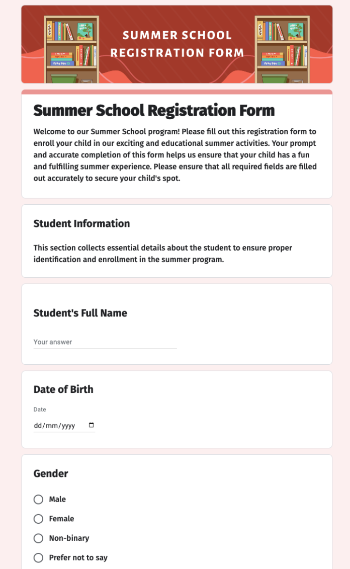 Free Summer School Registration Form Template in Google Forms