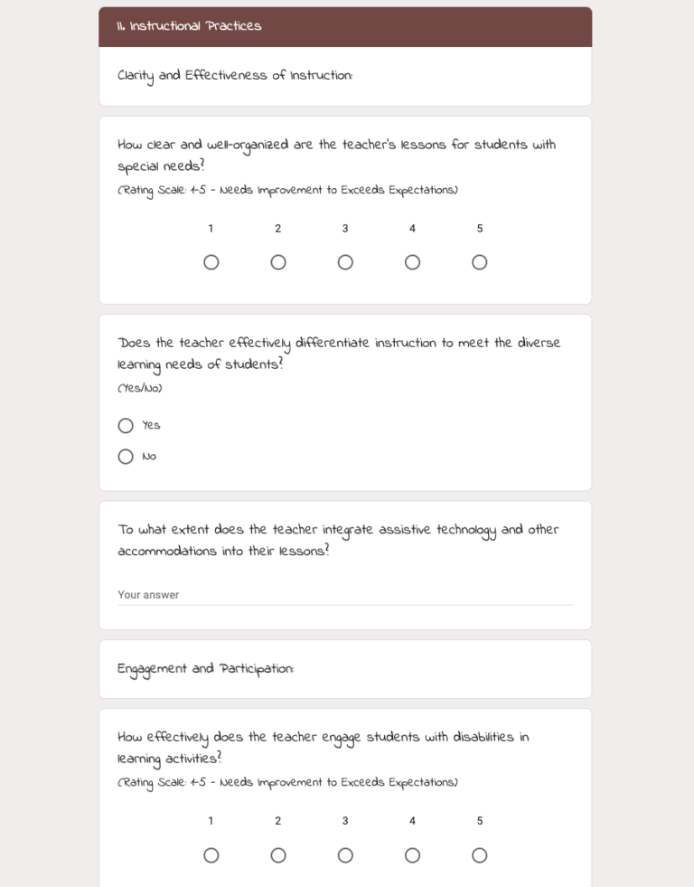 Free Teacher Feedback form For Special Education Template in Google Forms