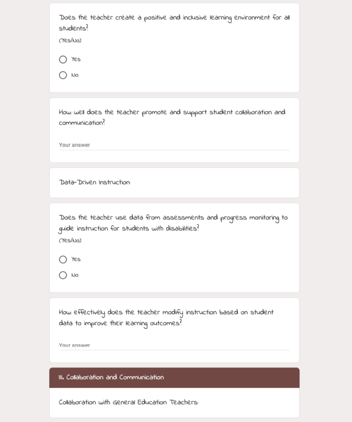 Free Teacher Feedback form For Special Education Template in Google Forms