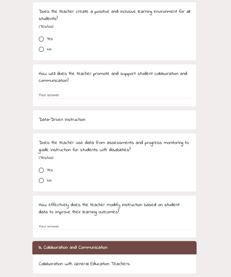 Free Teacher Feedback form For Special Education Template in Google Forms