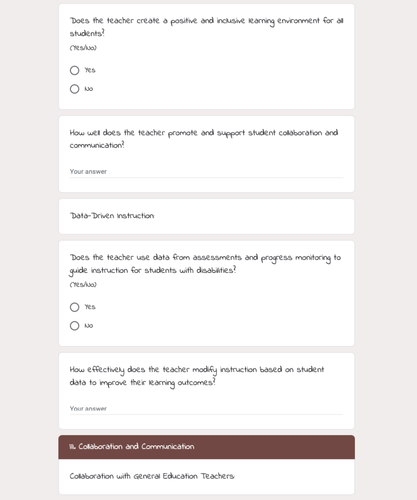 Free Teacher Feedback form For Special Education Template in Google Forms