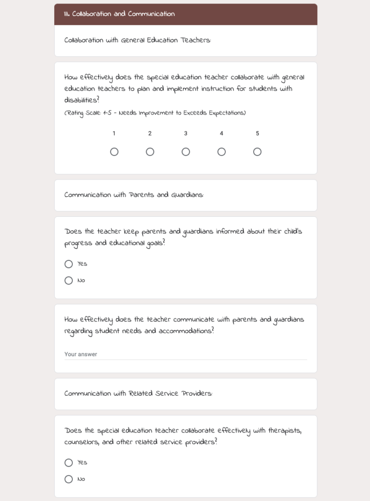 Free Teacher Feedback form For Special Education Template in Google Forms