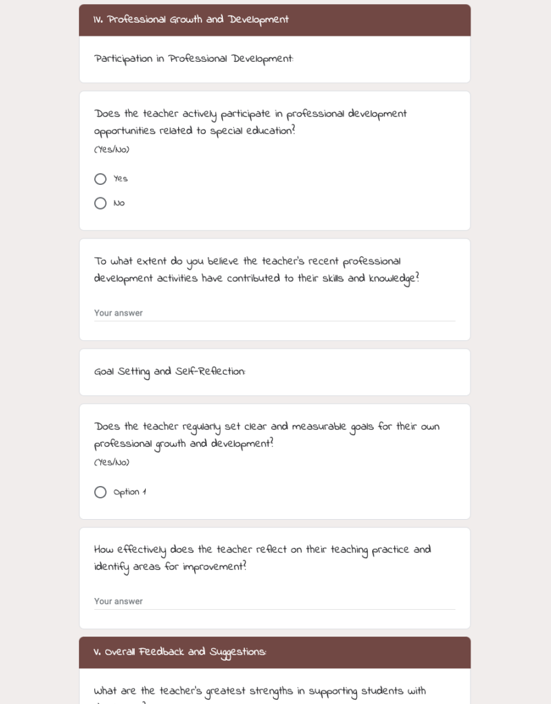 Free Teacher Feedback form For Special Education Template in Google Forms