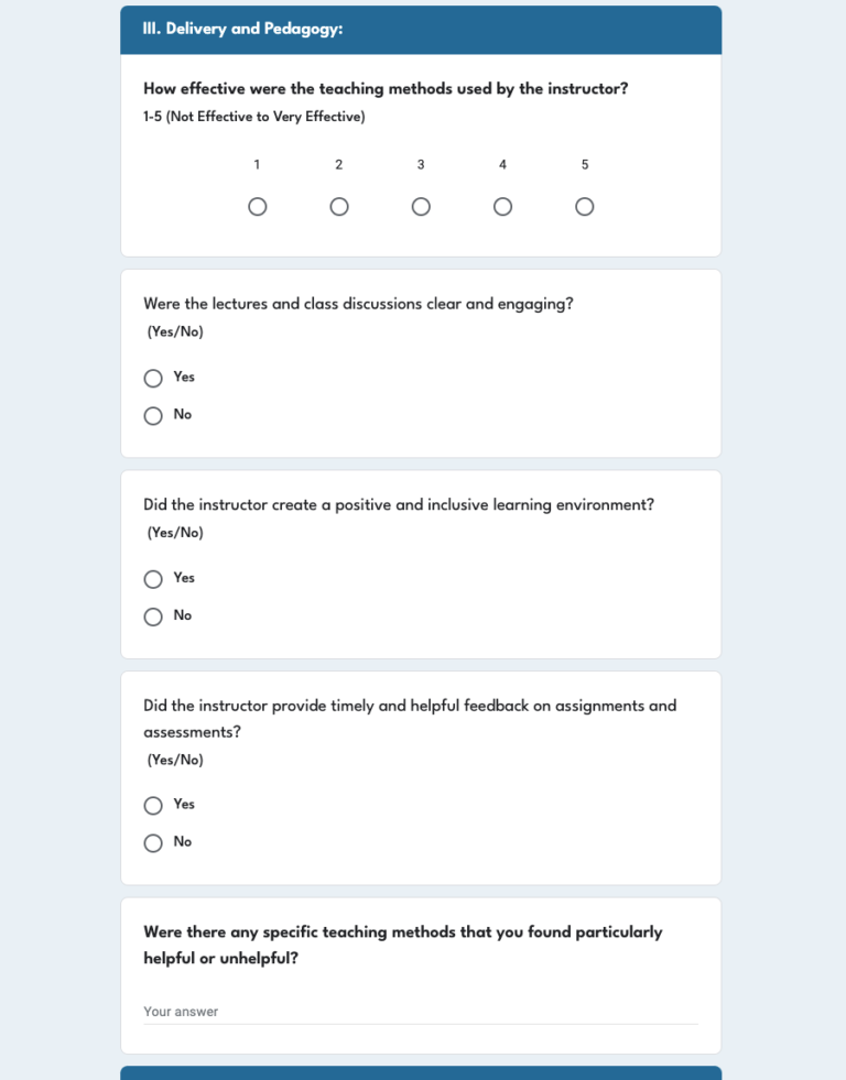 Free Teacher Feedback form for Curriculum Template in Google Forms