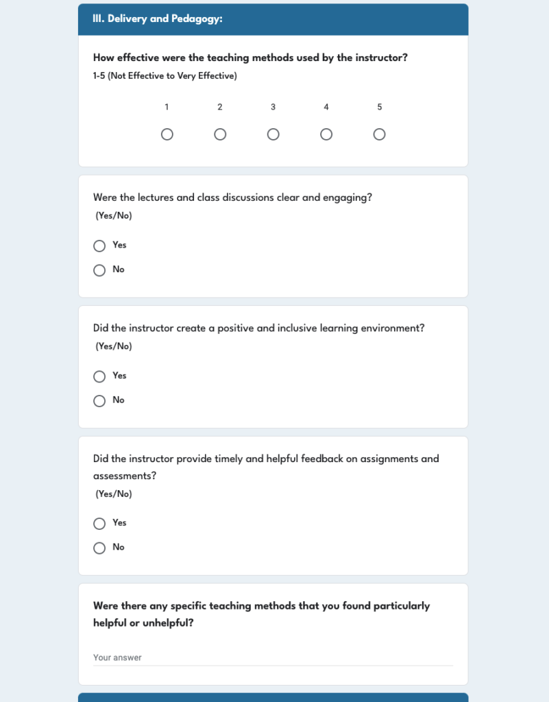 Free Teacher Feedback form for Curriculum Template in Google Forms