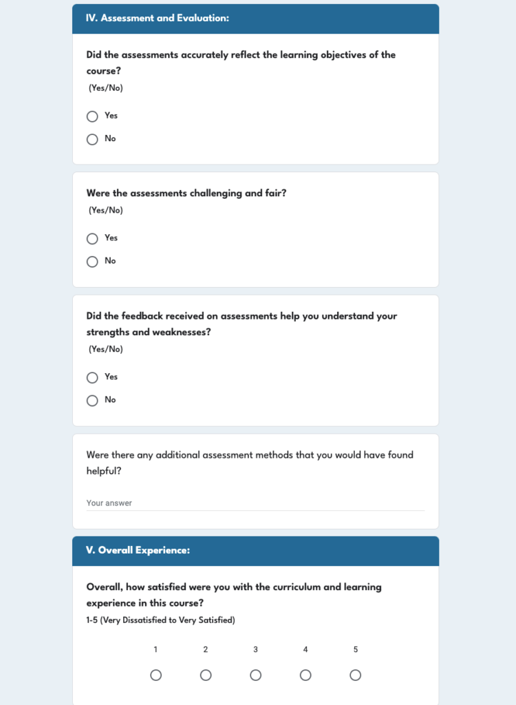 Free Teacher Feedback form for Curriculum Template in Google Forms