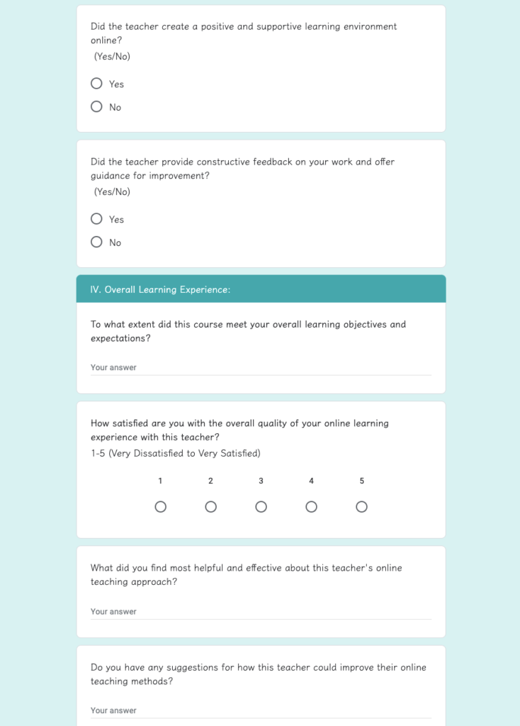 Free Teacher Feedback form for Online Education Template in Google Forms