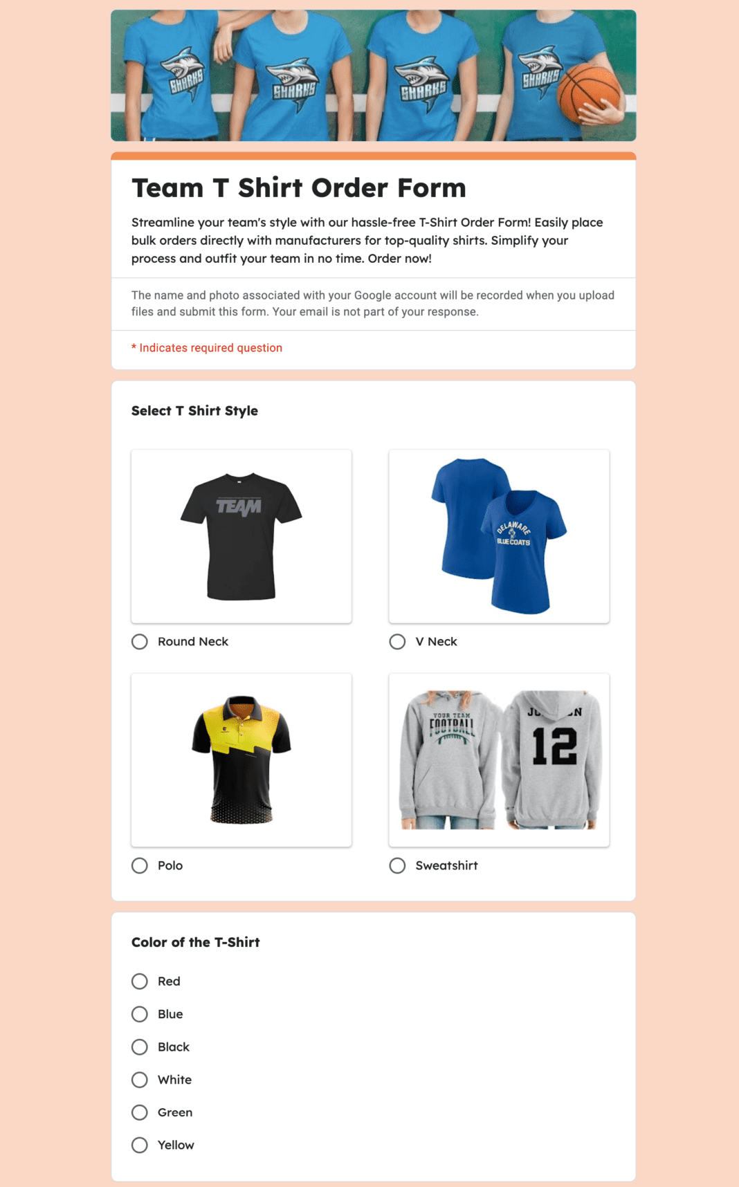 Free Team T-Shirt Order Form Template in Google Forms