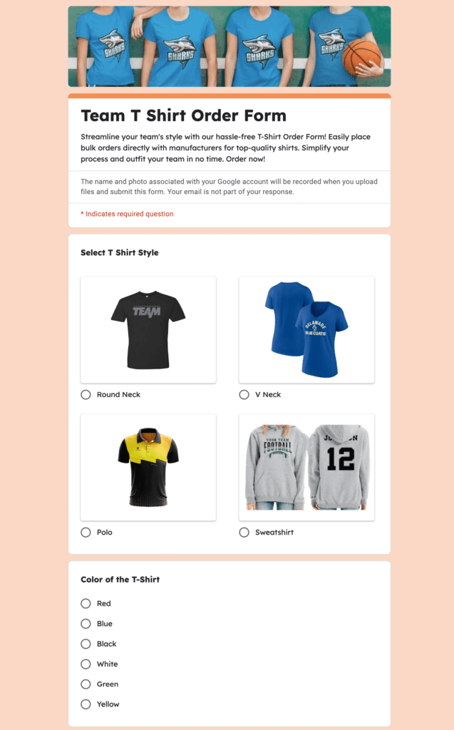 Free Team T-Shirt Order Form Template in Google Forms