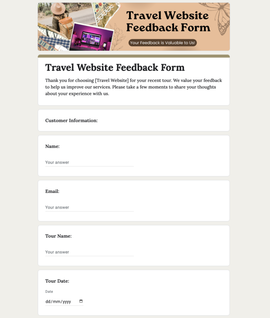 Free Travel Website Feedback Form Template in Google Forms