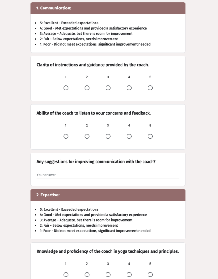 Free Yoga Coach Feedback Form Template in Google Forms