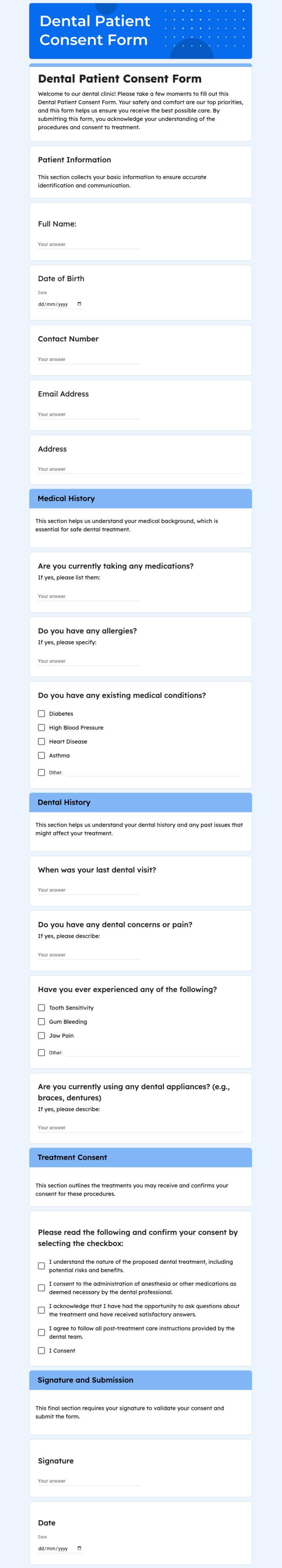Free Dental Patient Consent Form Template in Google Forms