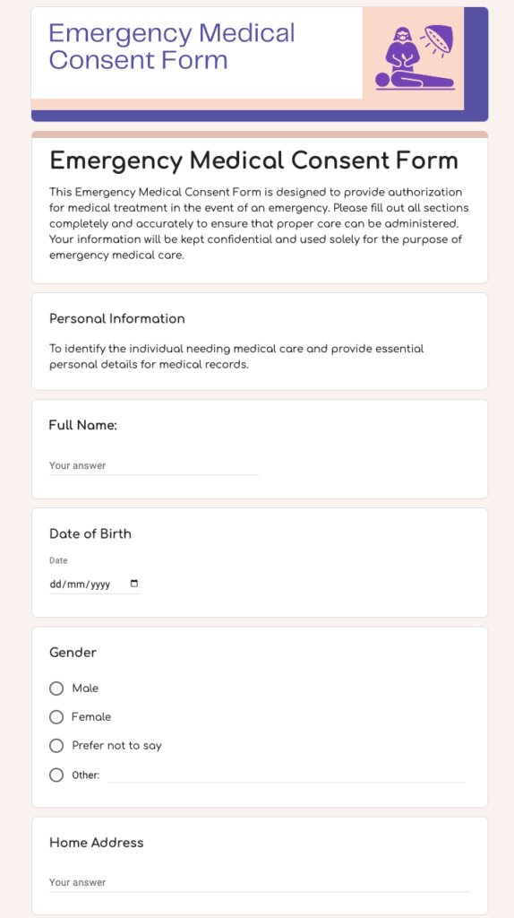 Free Emergency Medical Consent Form Template in Google Forms