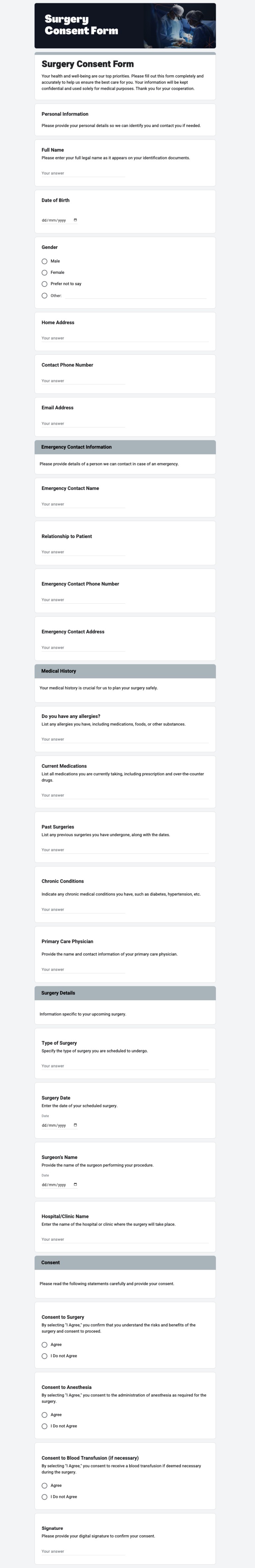 Free Surgery Consent Form Template in Google Forms